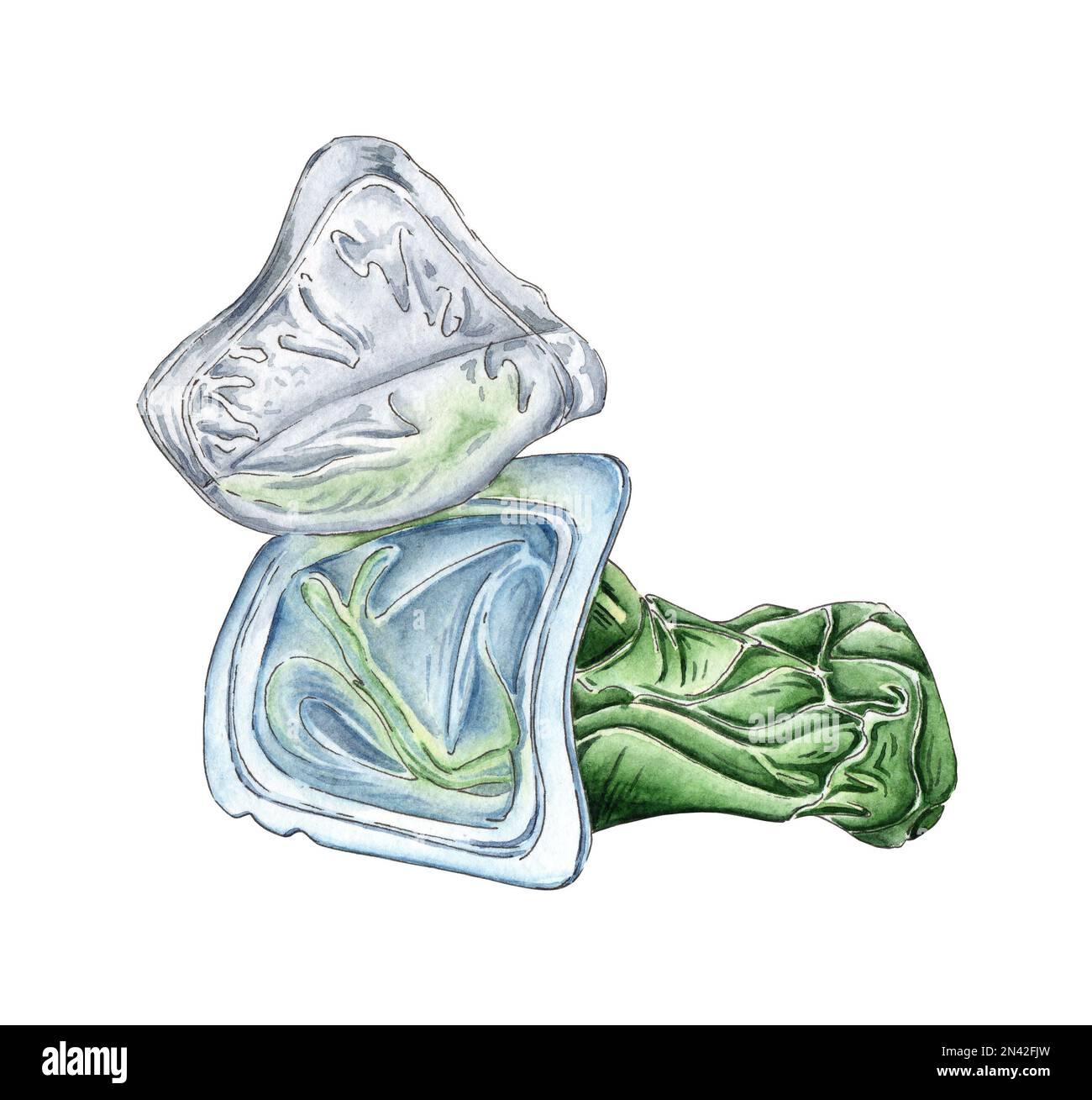 Watercolor drawing green crumpled plastic cup from yogurt. Realistic ...