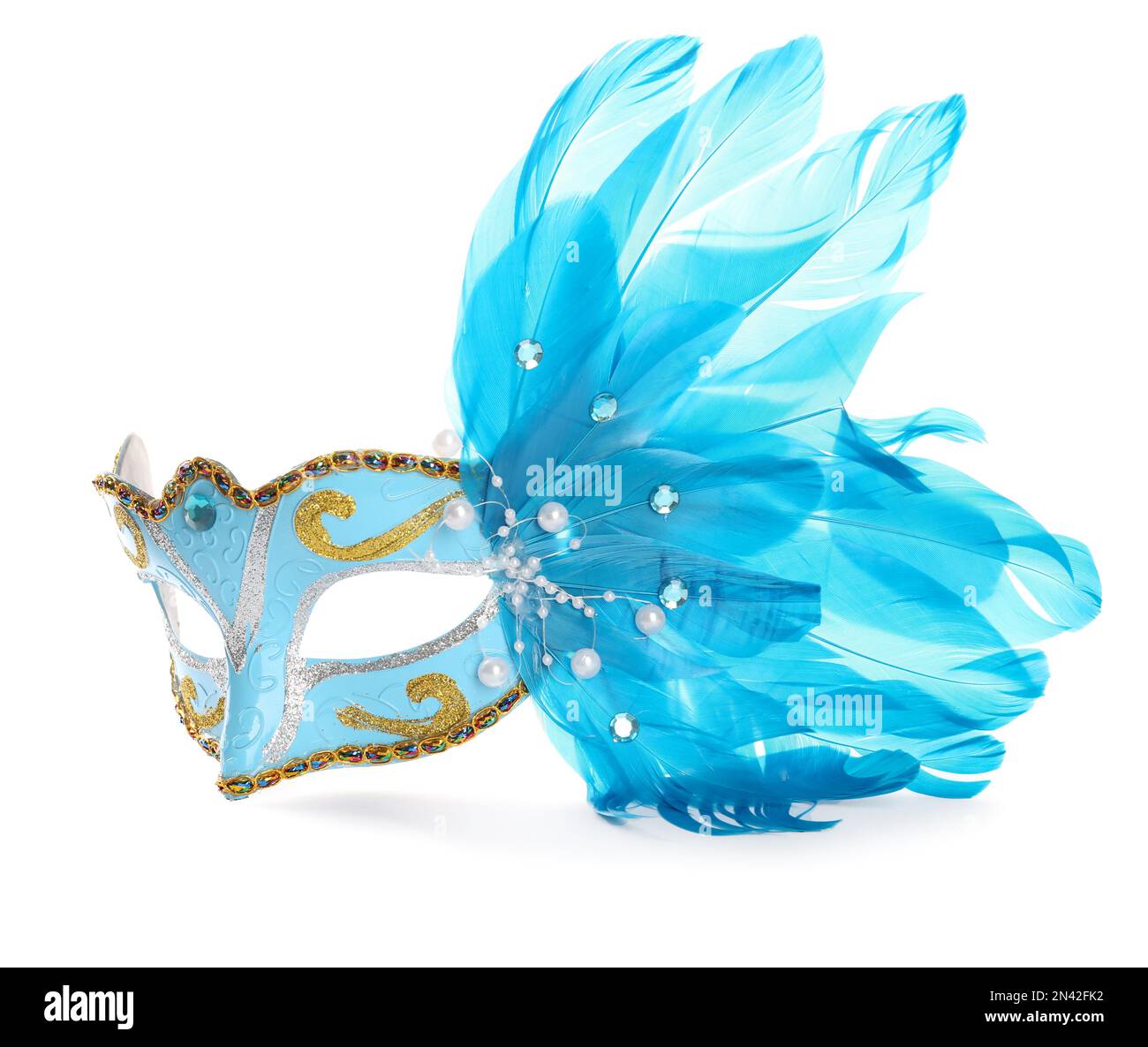 Beautiful light blue carnival mask with feathers isolated on white ...