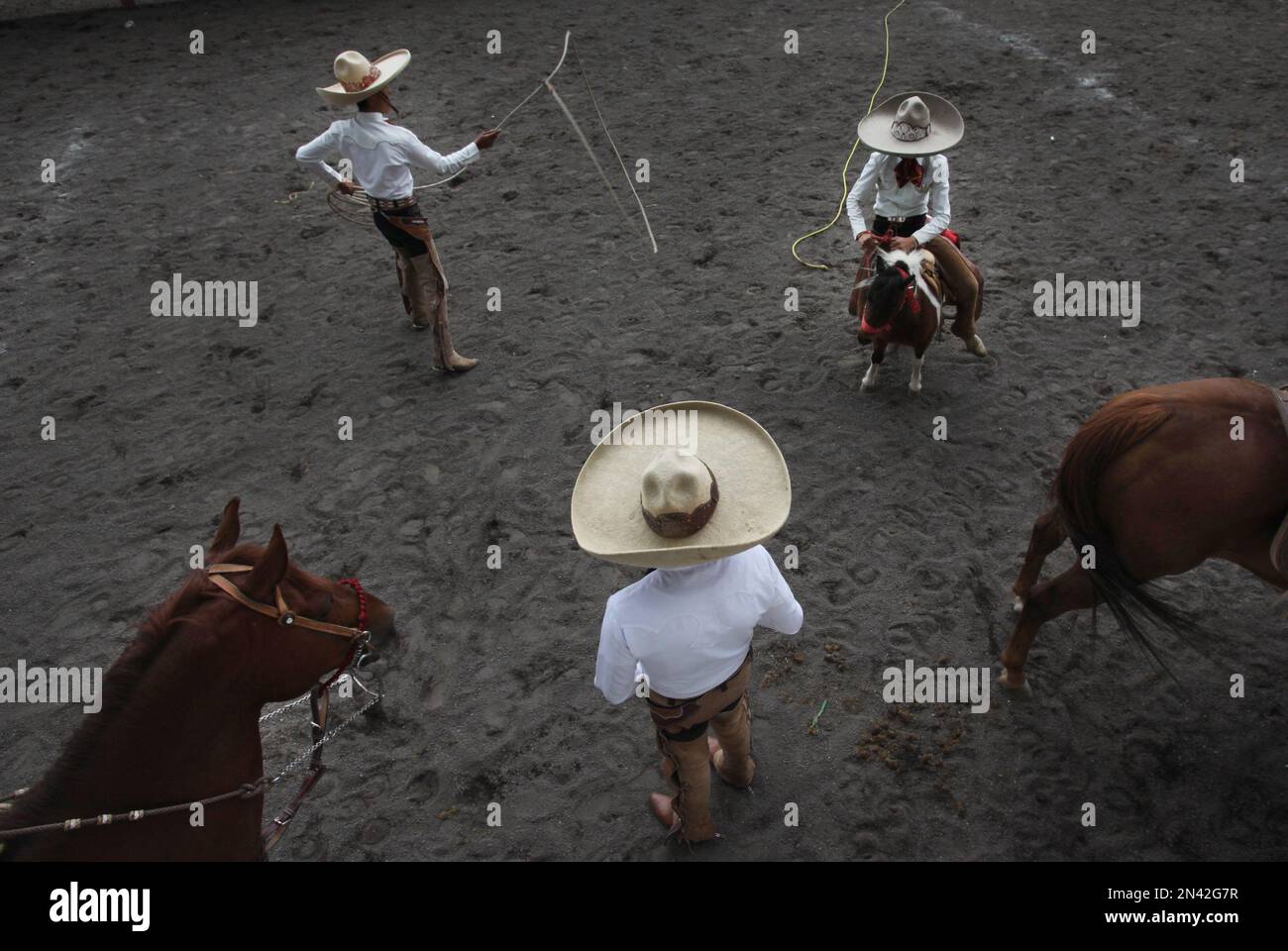 Charros, as Mexican cowboys are known, practive with a lasso, during a ...