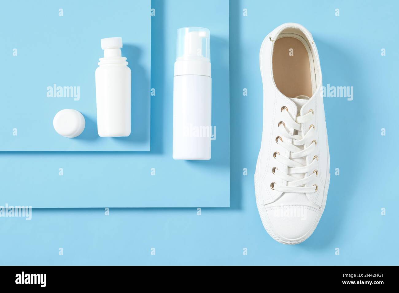 Flat lay composition with stylish footwear and shoe care accessories on ...