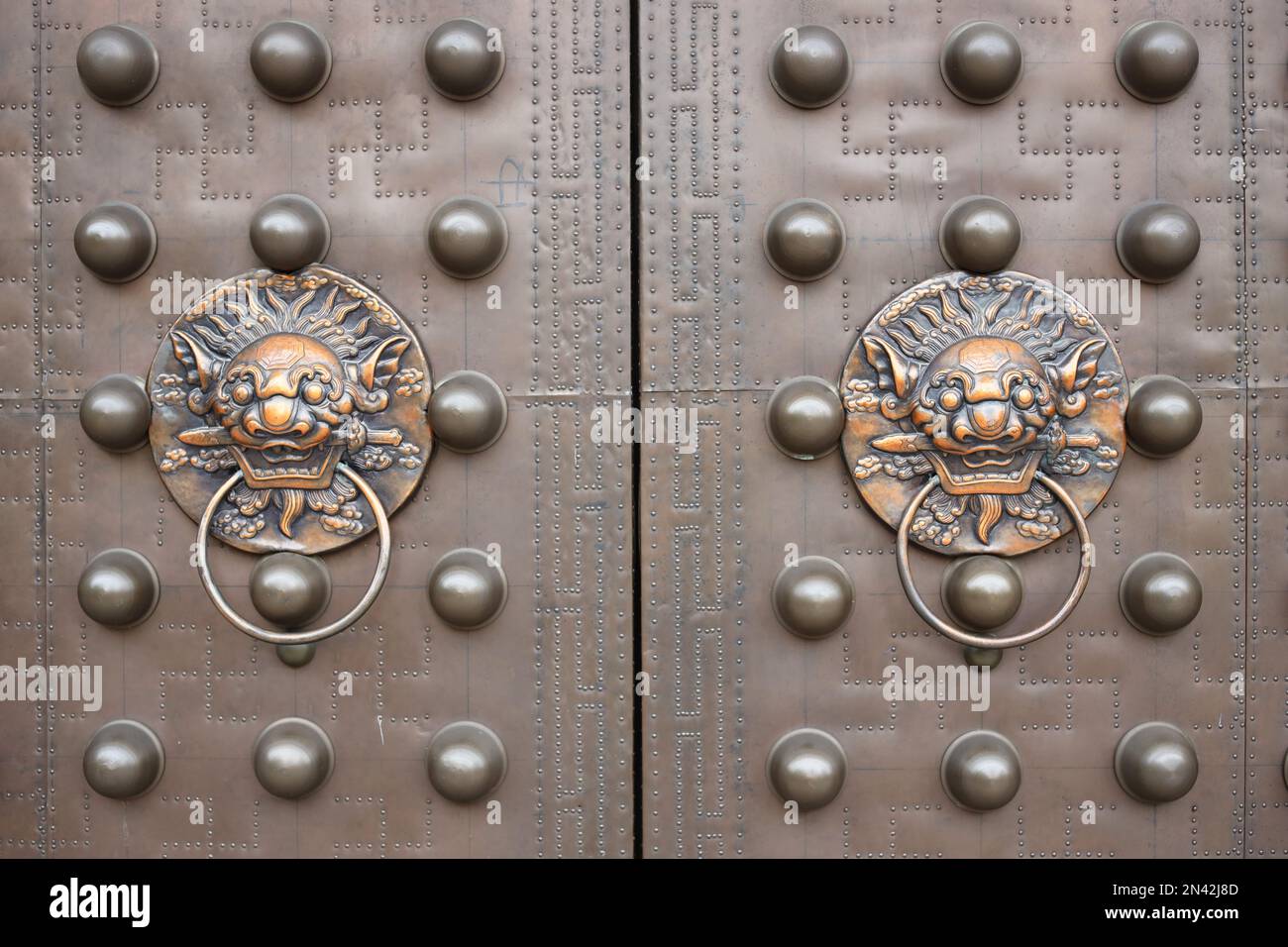 A beautiful shot of the doors of the historic Guangji temple in Wuhu ...