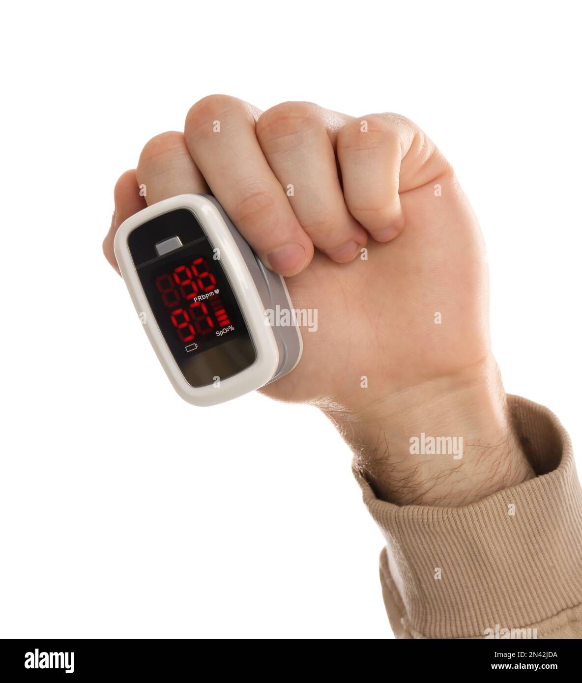 Man using pulse oximeter for oxygen level testing on white background ...