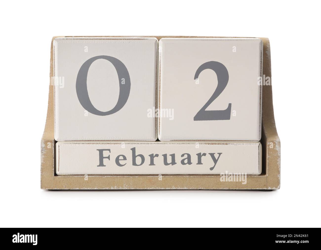 Wooden block calendar with date February 2nd on white background ...