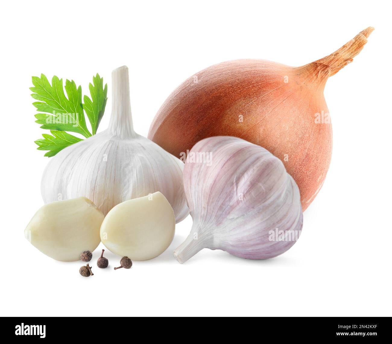 Mix of fresh garlic and onion on white background Stock Photo - Alamy