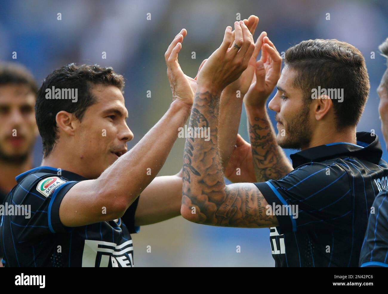Inter Milan forward Mauro Icardi, of Argentina, right, celebrates with ...