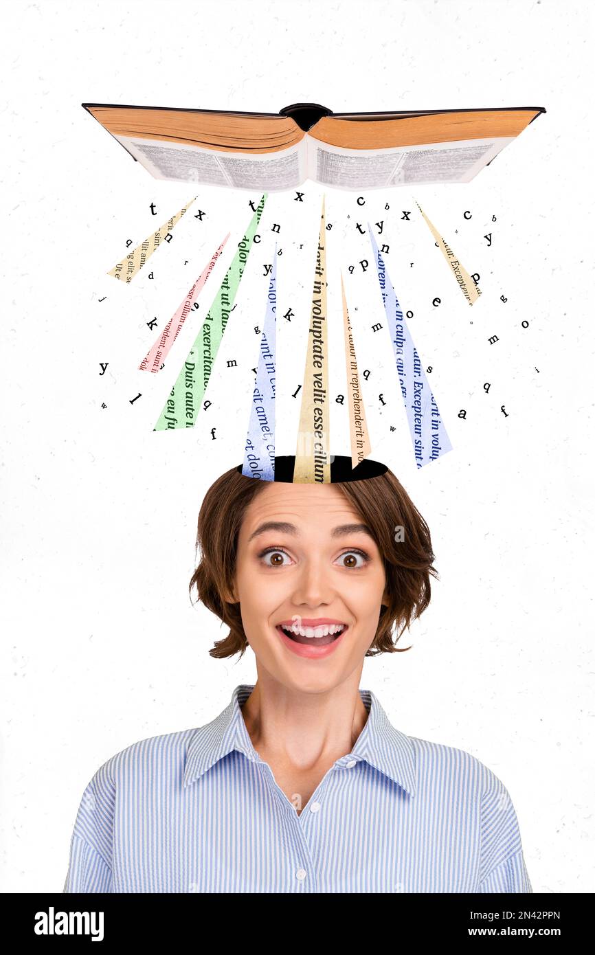 Creative magazine template collage of excited nerd girl impressed smart ...