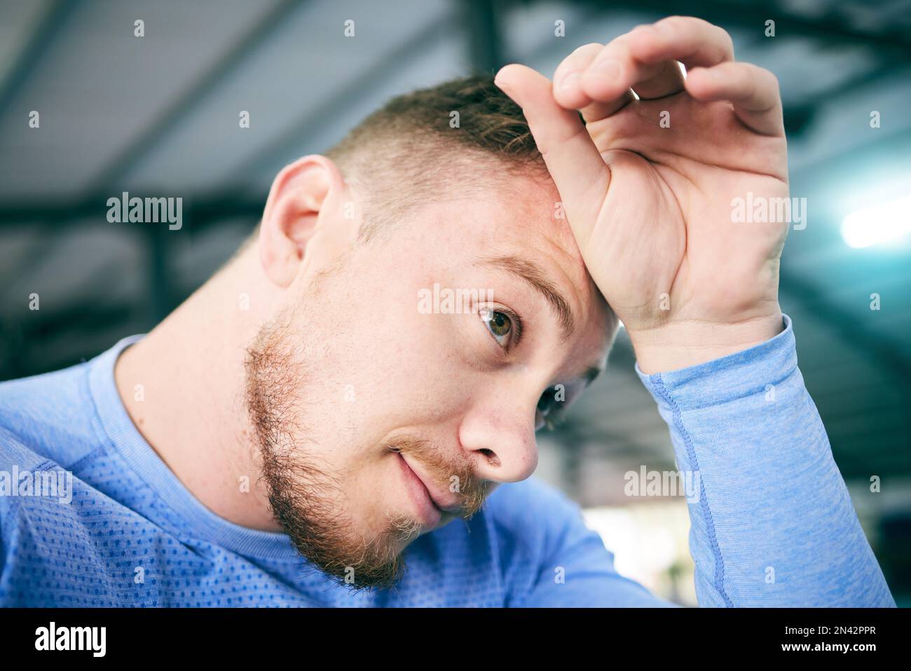 Exercise, sweat and tired man at gym for training, cardio or intense ...