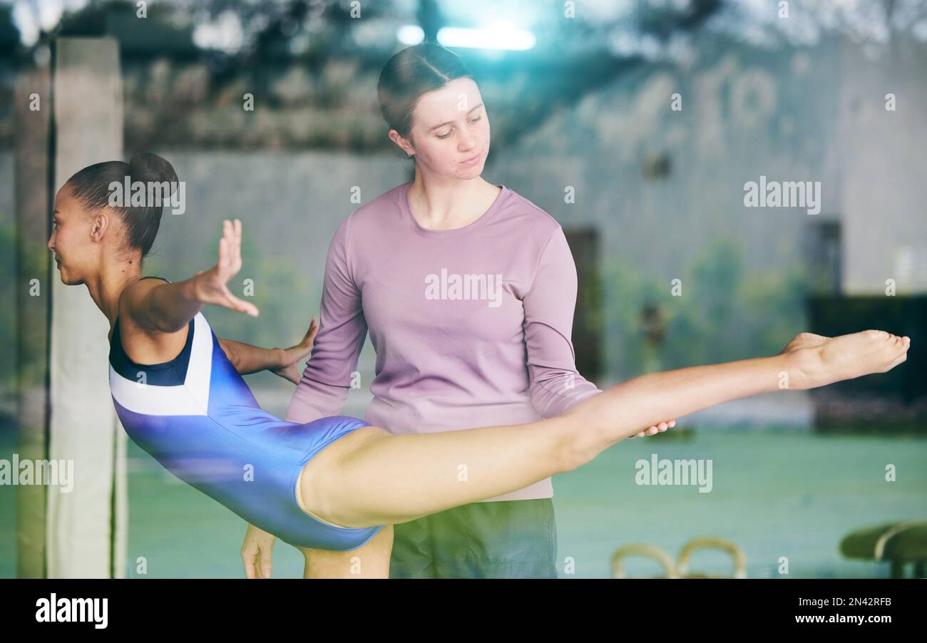Coach, gymnast or fitness athlete training at the gym learning and ...