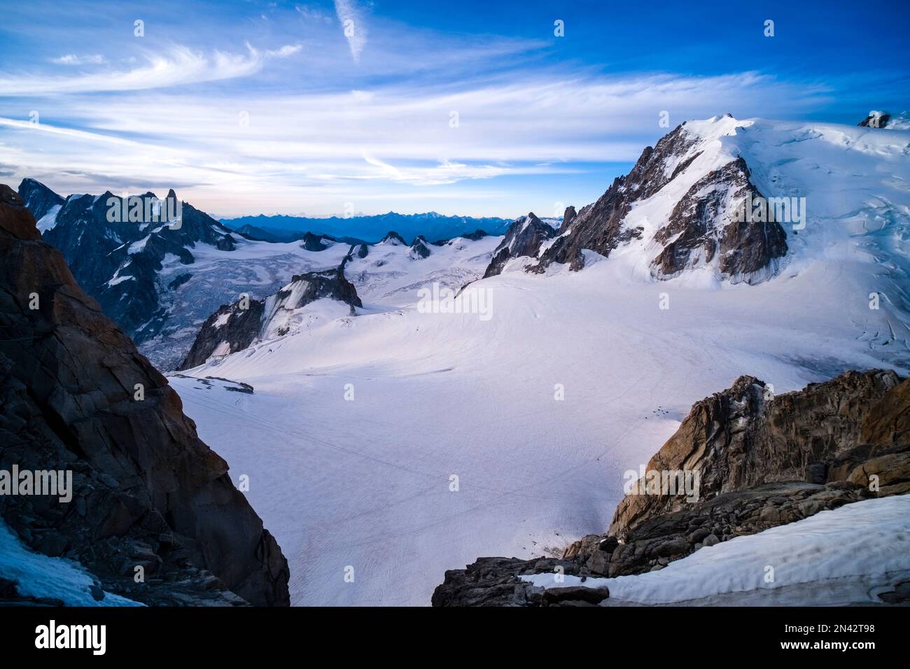 View from Aiguille du Midi of the Géant Glacier and the peaks south of the Mont Blanc massif ...