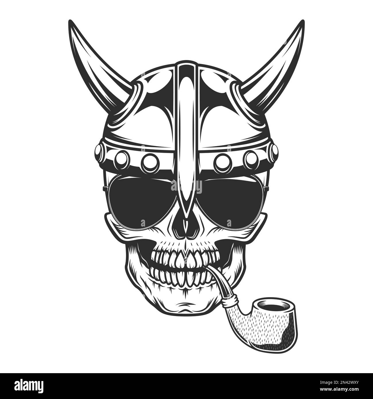 Viking skull smoking pipe in horned helmet with wooden texture and ...