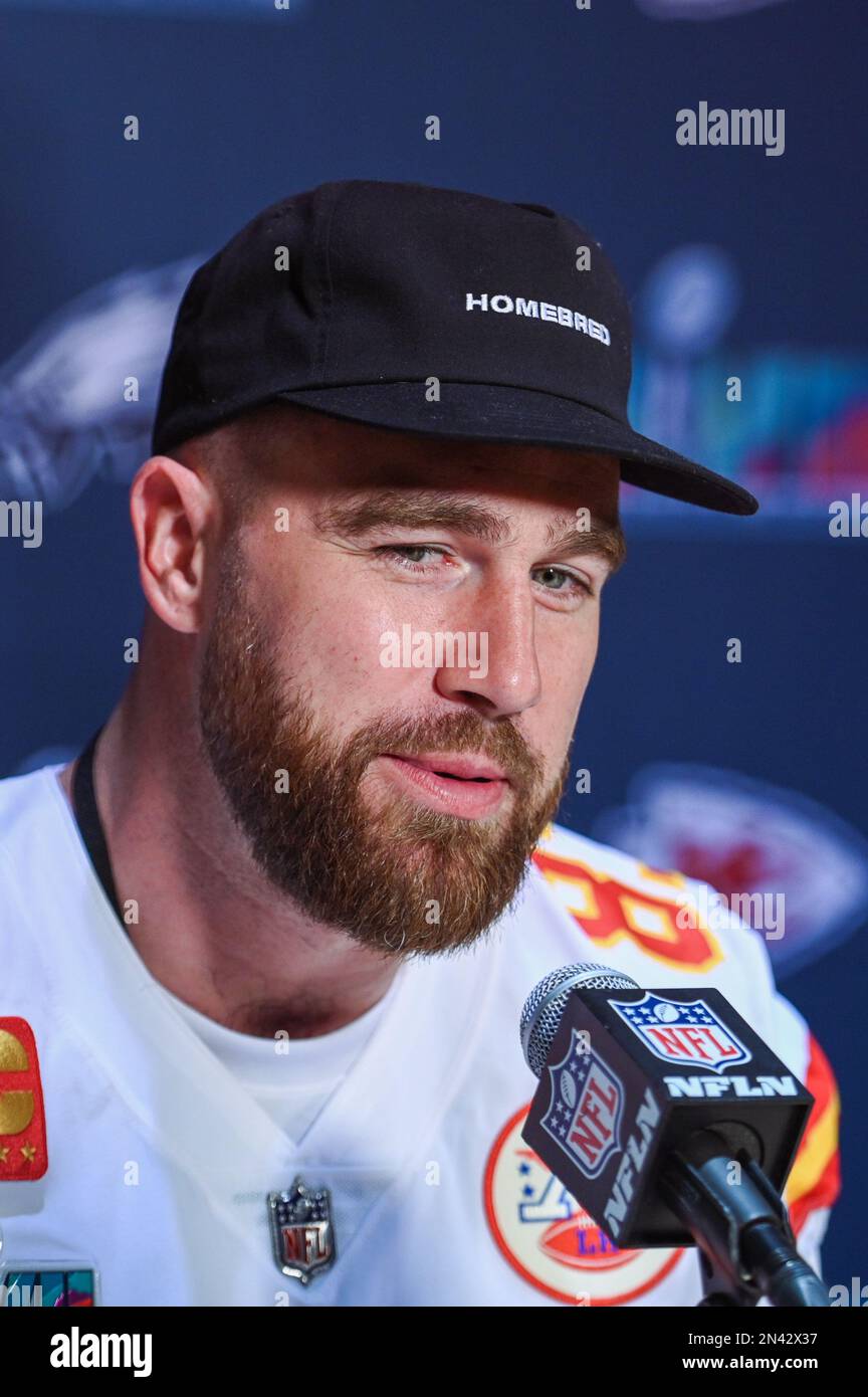 Kansas City Chiefs tight end Travis Kelce speaks to members of the ...