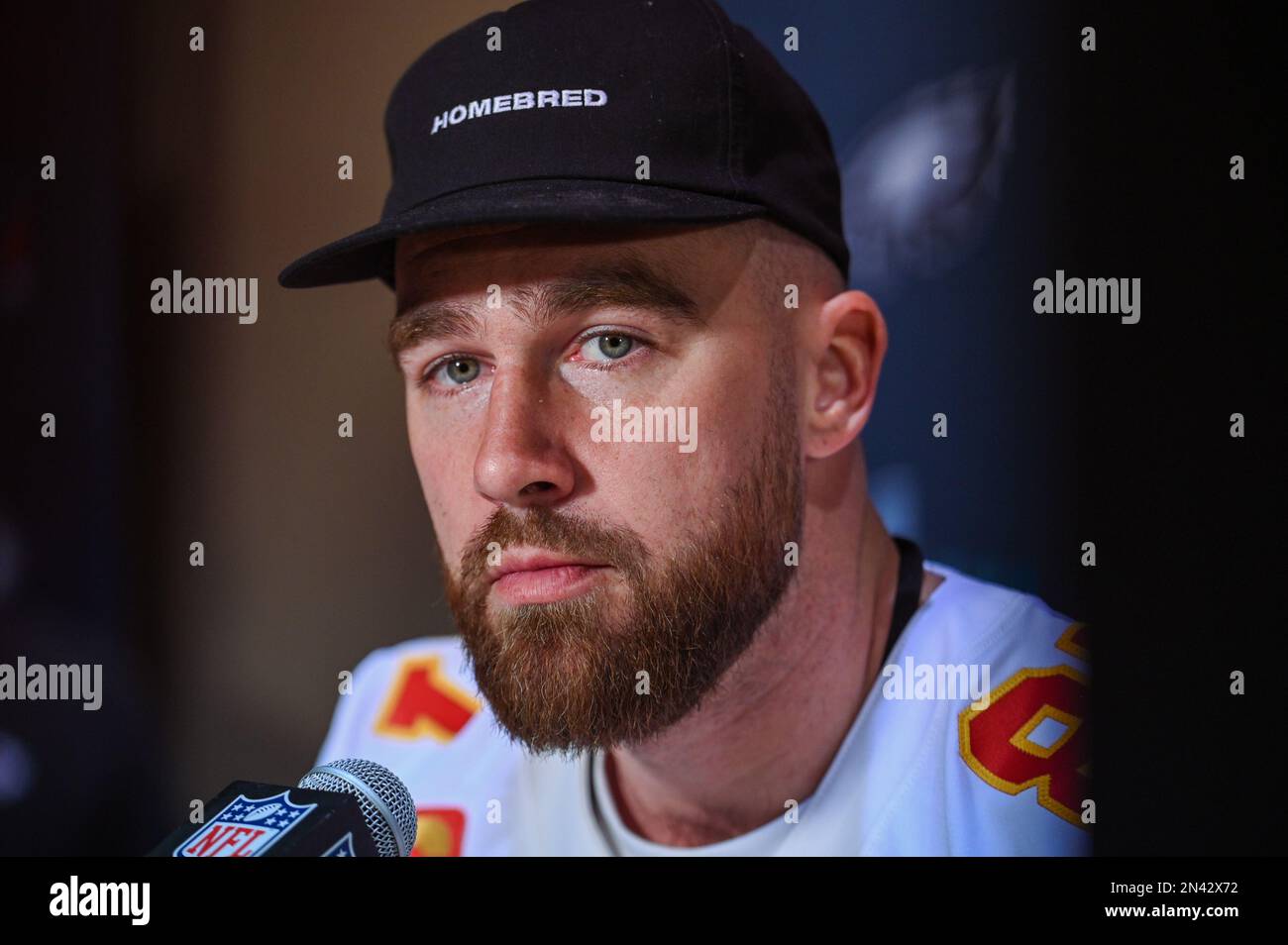 Kansas City Chiefs tight end Travis Kelce speaks to members of the ...