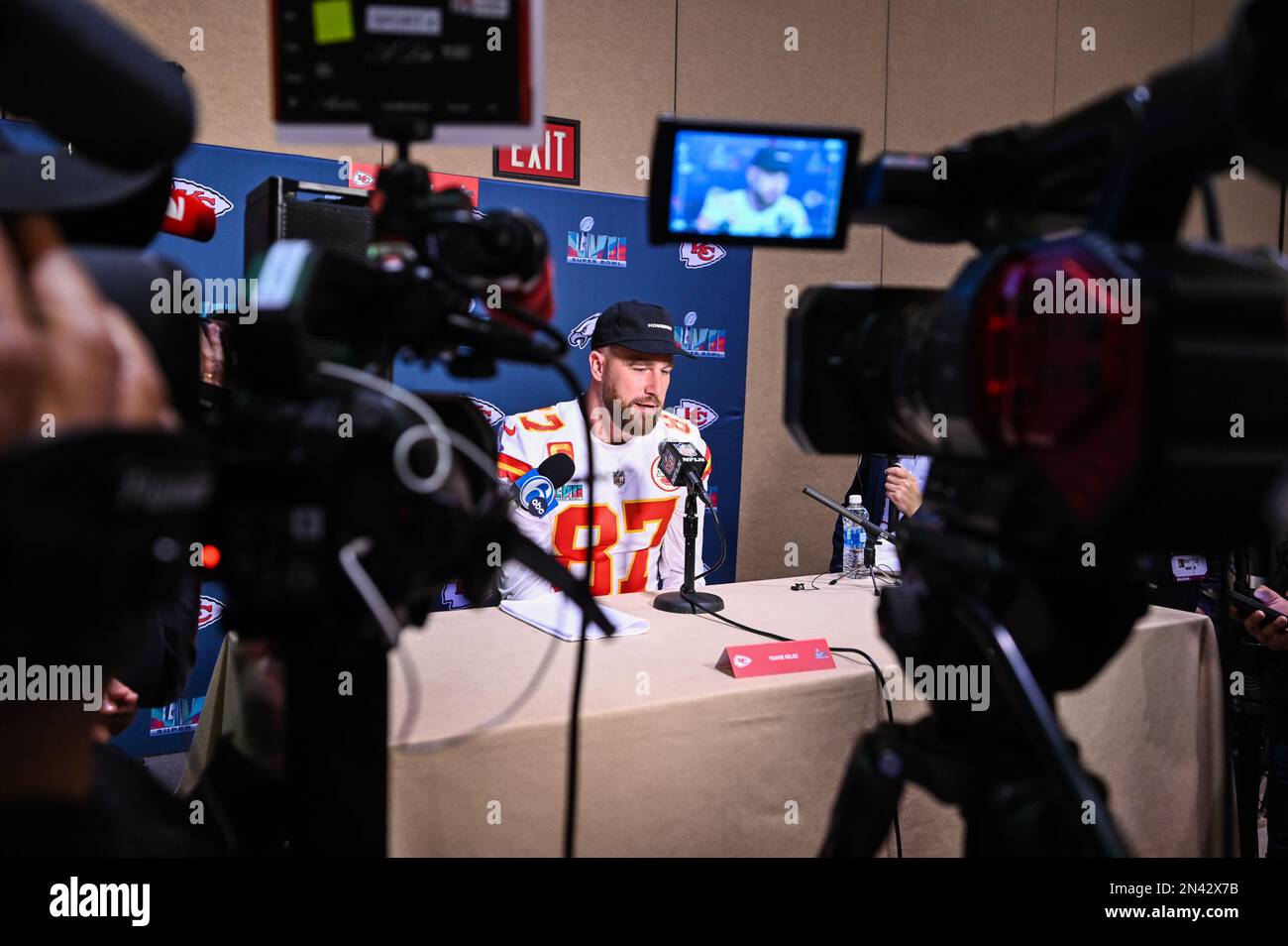 Kansas City Chiefs tight end Travis Kelce speaks to members of the ...