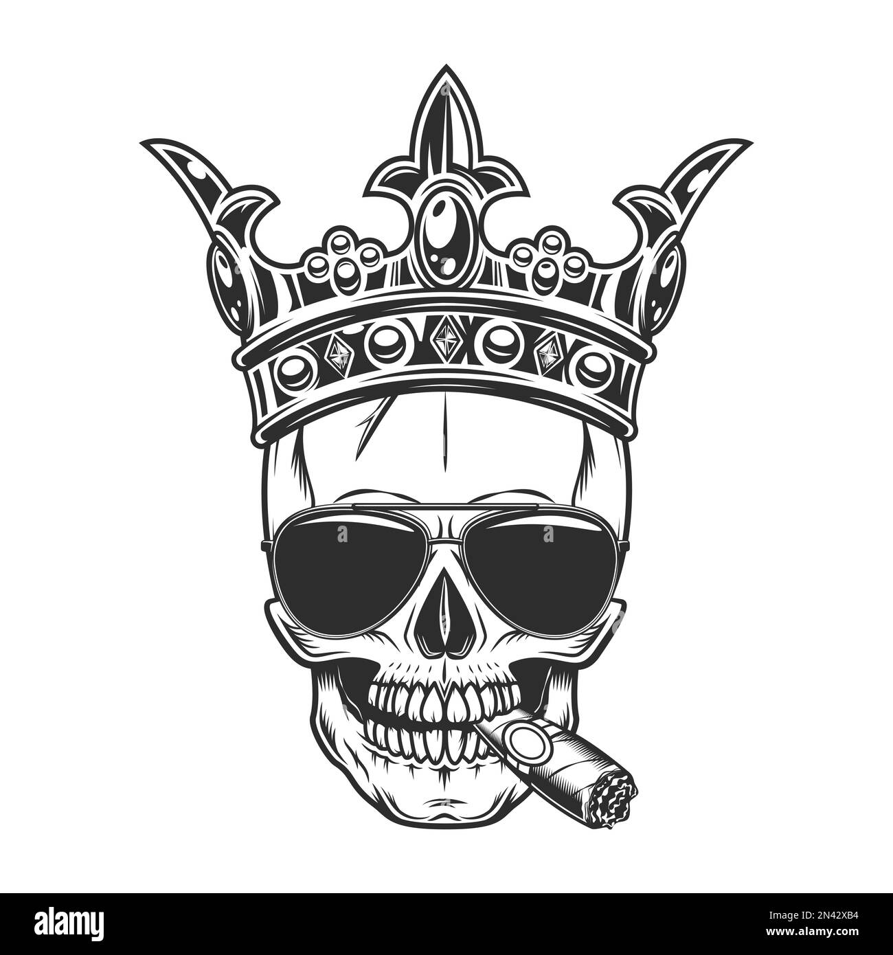 Vintage scary skull smoking cigar or cigarette smoke in royal crown ...