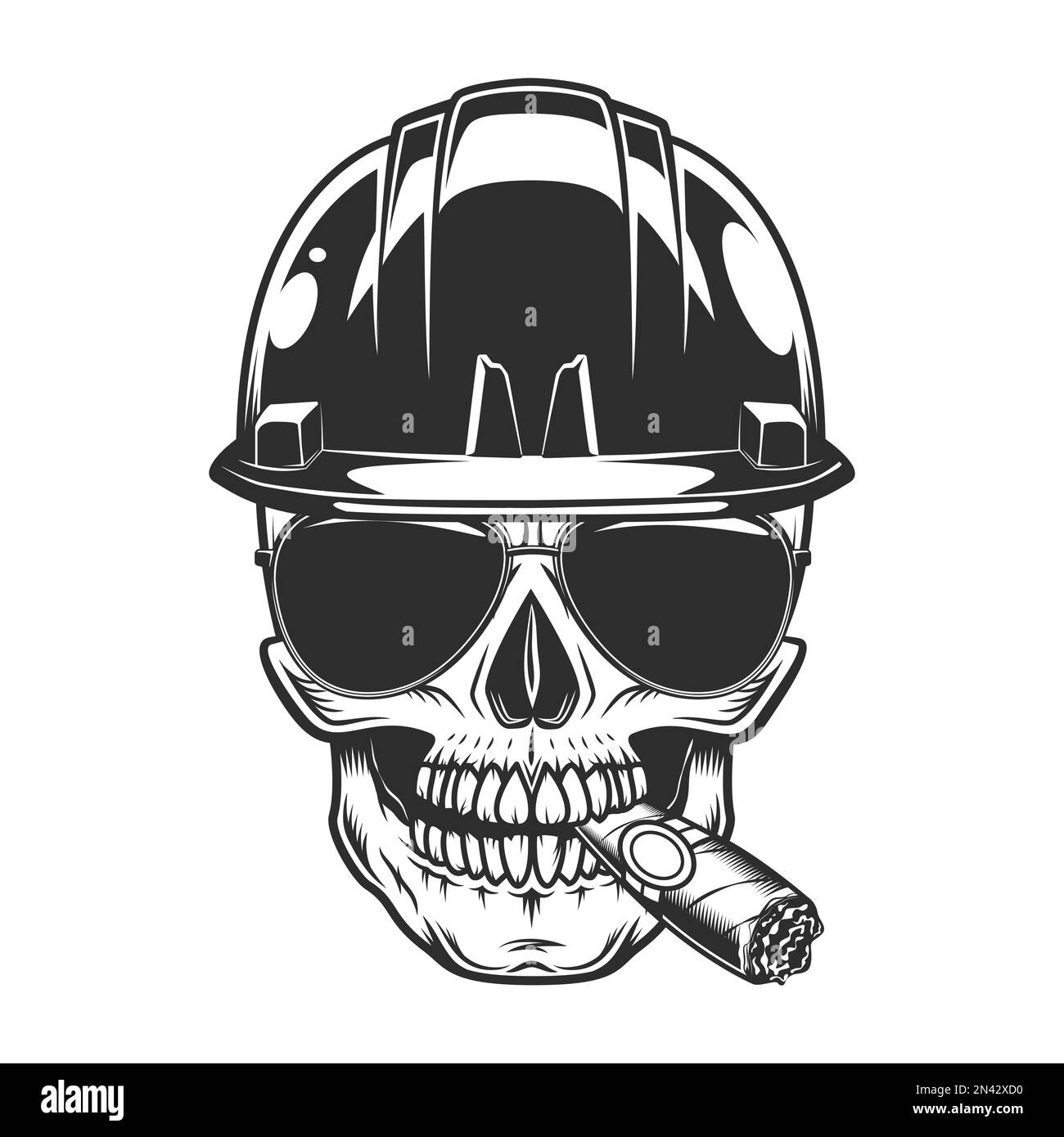 Skull in helmet hardhat builder construction concept smoking cigar or ...