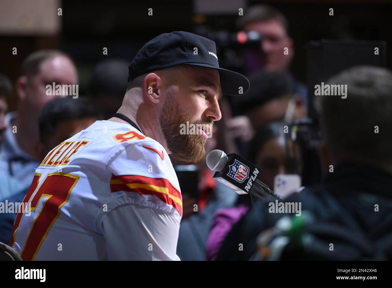 Kansas City Chiefs tight end Travis Kelce speaks to members of the ...
