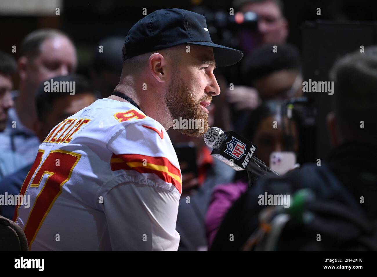 Kansas City Chiefs tight end Travis Kelce speaks to members of the ...