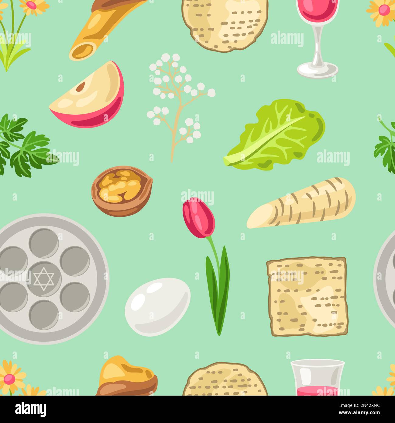 Happy Pesach Jewish Passover Plate Seamless Pattern Holiday Background With Traditional Symbols