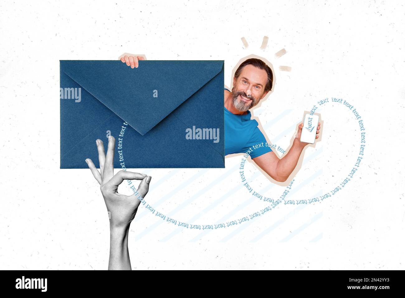 Creative magazine poster picture collage of aged man hold smart gadget ...