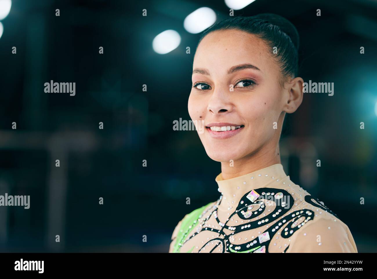 Gymnastics portrait, woman with smile and sport with mockup space ...