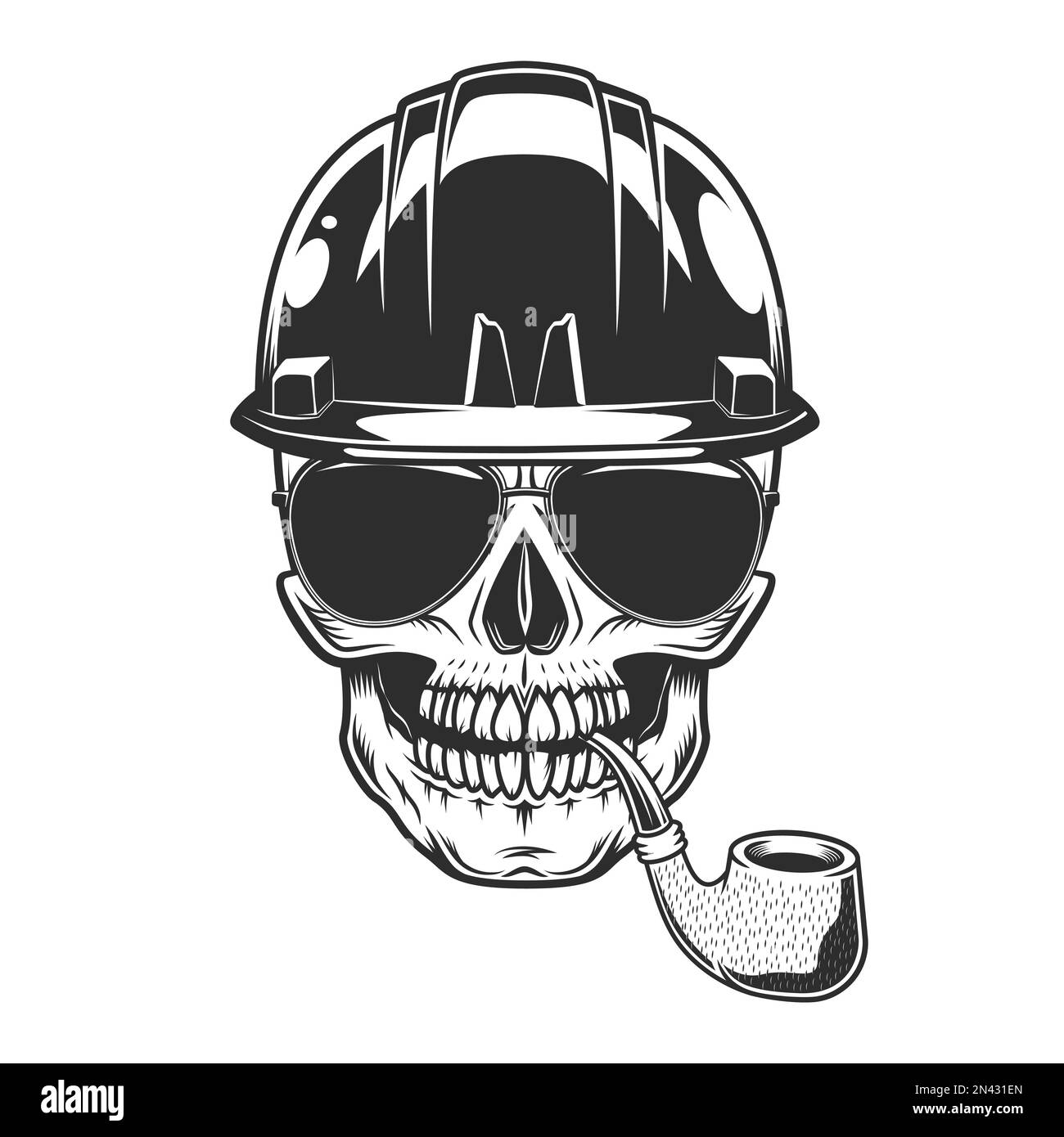 Skull smoking pipe in helmet hardhat builder construction concept with ...