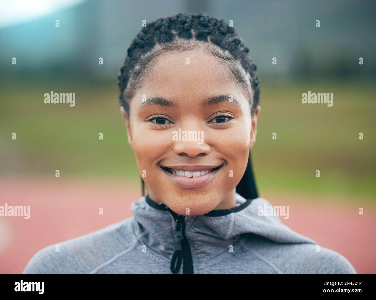 Fitness, portrait and black woman athlete with smile for workout ...