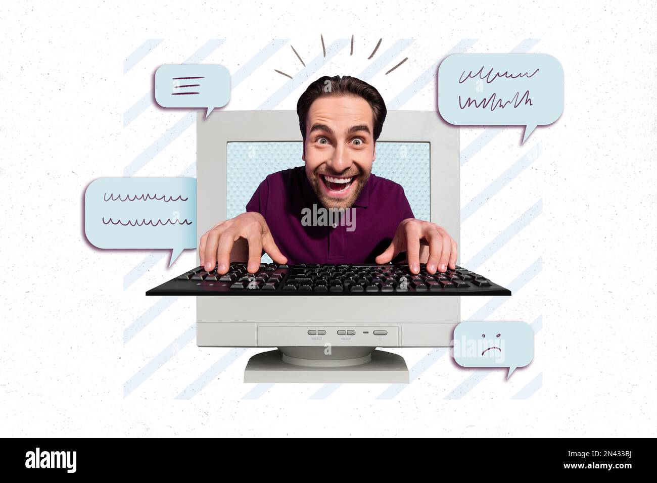 Creative magazine template image collage of crazy guy use screen pc ...