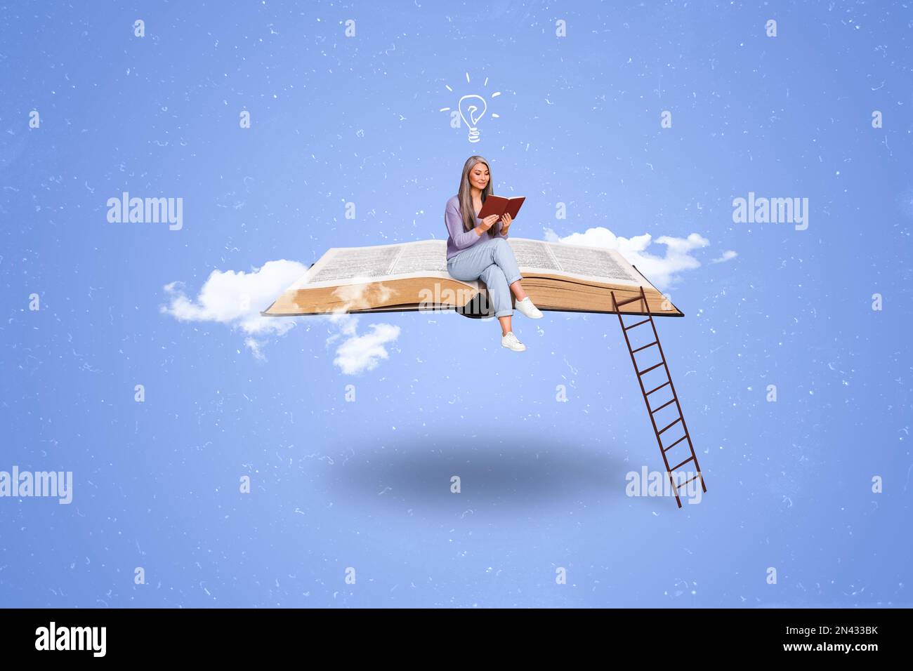 Creative poster banner collage of weird aged woman sit open flying book ...