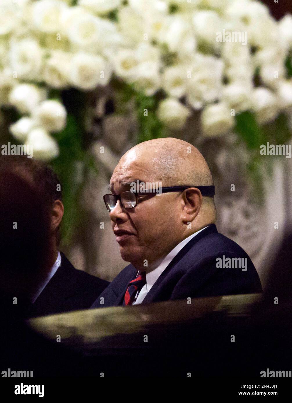 Guy Johnson speaks during a memorial tribute for his mother Maya ...