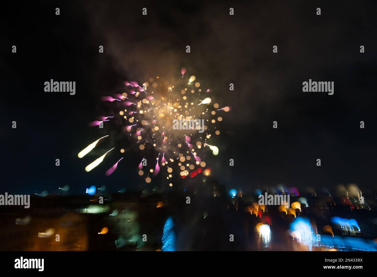 Abstract photo of firework flower. Salute without focus. Blurry photo ...