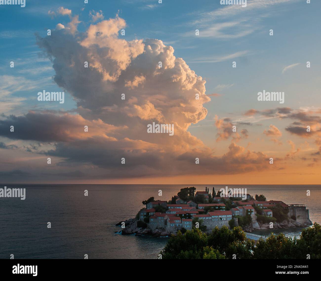 An aerial view of Sveti Stefan island during sunset Stock Photo - Alamy