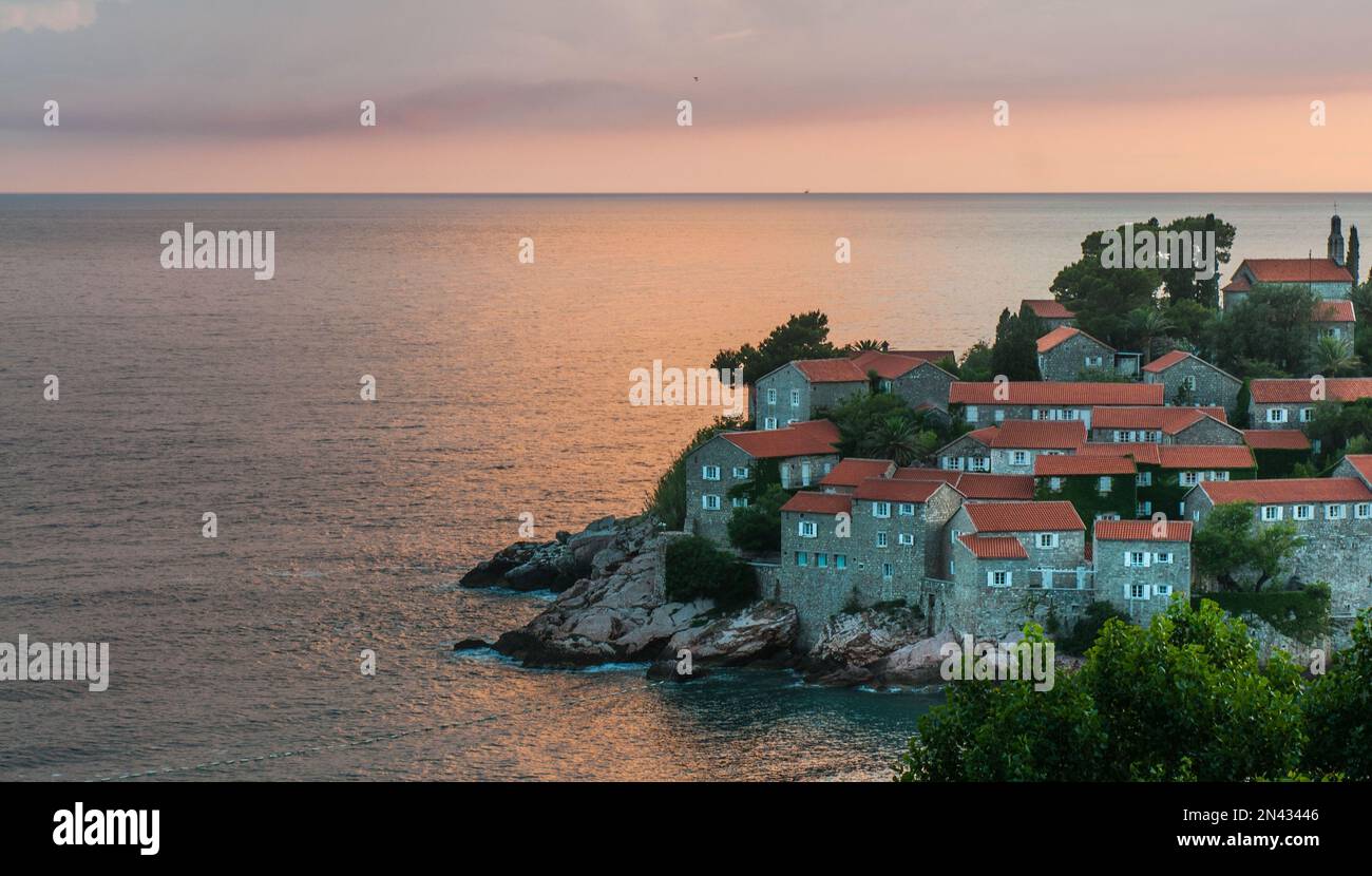 An aerial view of Sveti Stefan island during sunset Stock Photo - Alamy