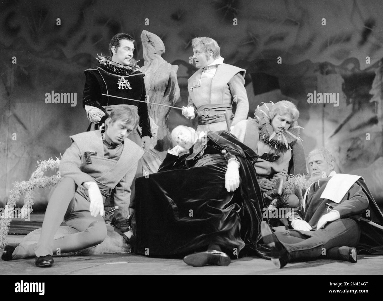 Sebastian, right standing, played by Donald Sinden and Antonio, left ...