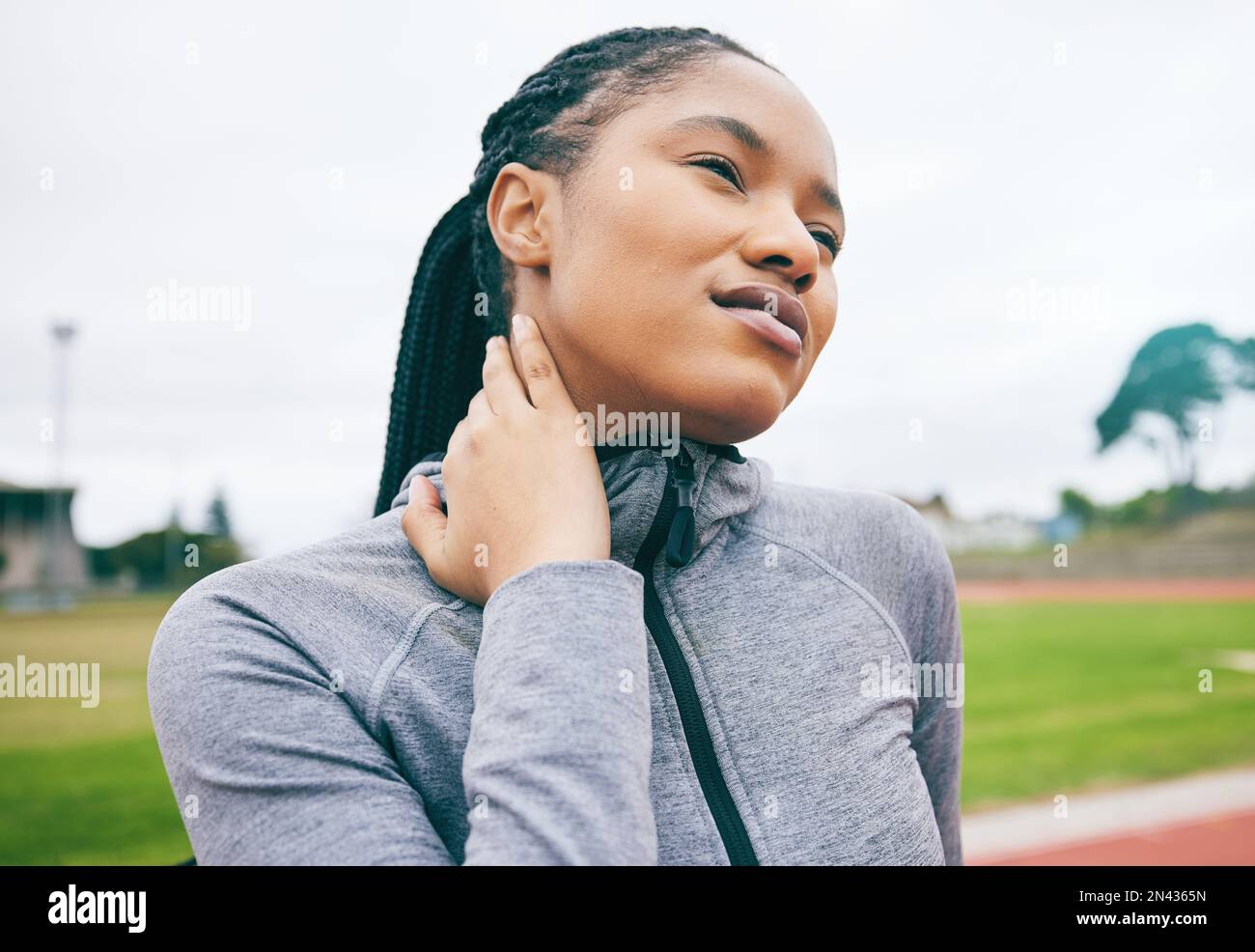 Fitness, neck pain and black woman with injury after running, workout ...
