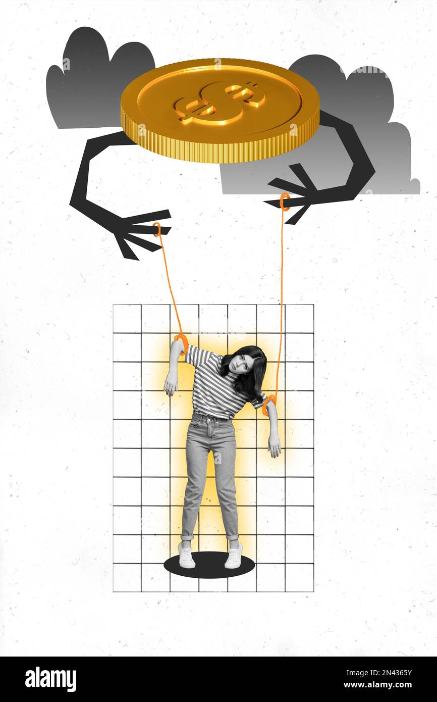 Creative weird magazine collage of zombie people control by golden coin ...