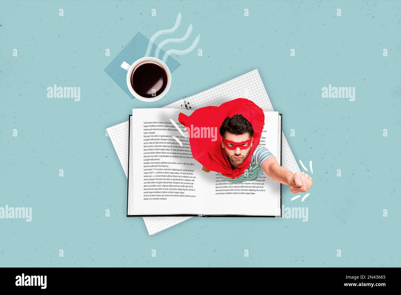 Creative magazine banner collage on interesting story with super hero ...