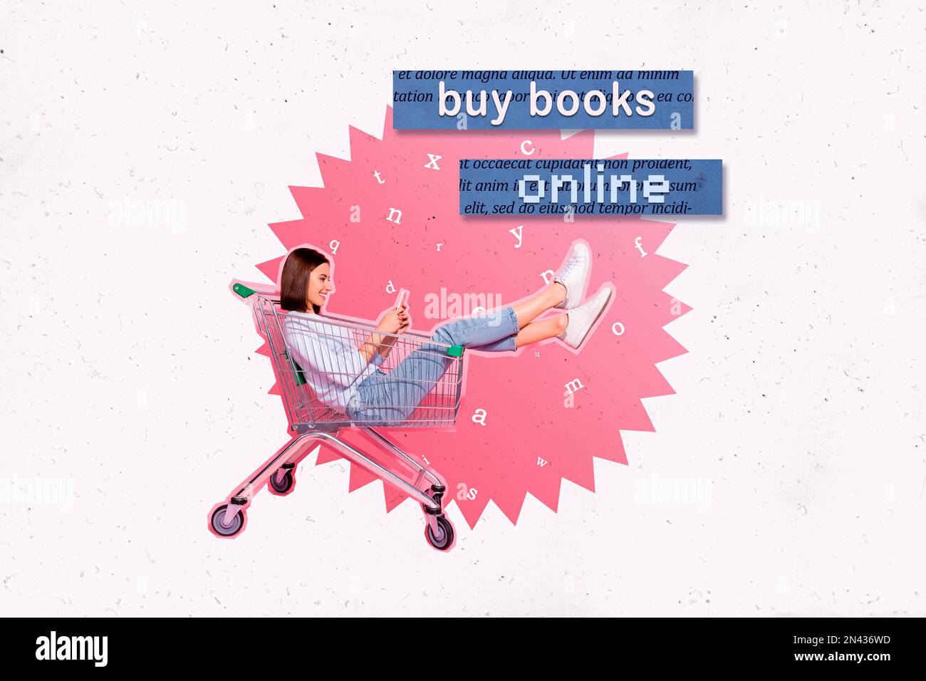 Creative banner poster collage of bookworm lady ride shopping cart read ...