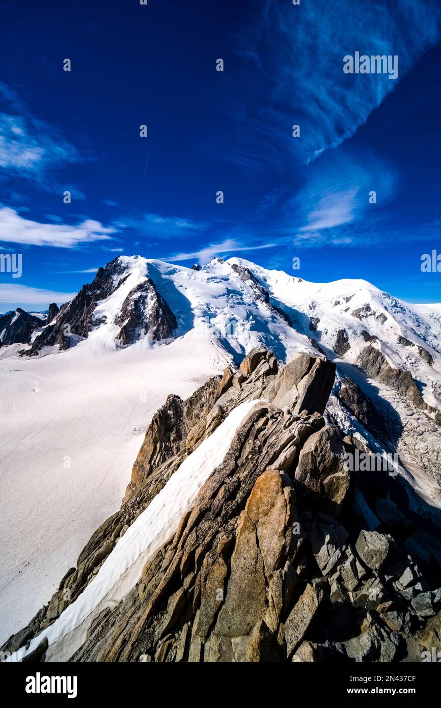 View from Aiguille du Midi of the Géant Glacier and the summits of Mont Blanc du Tacul, Mont ...