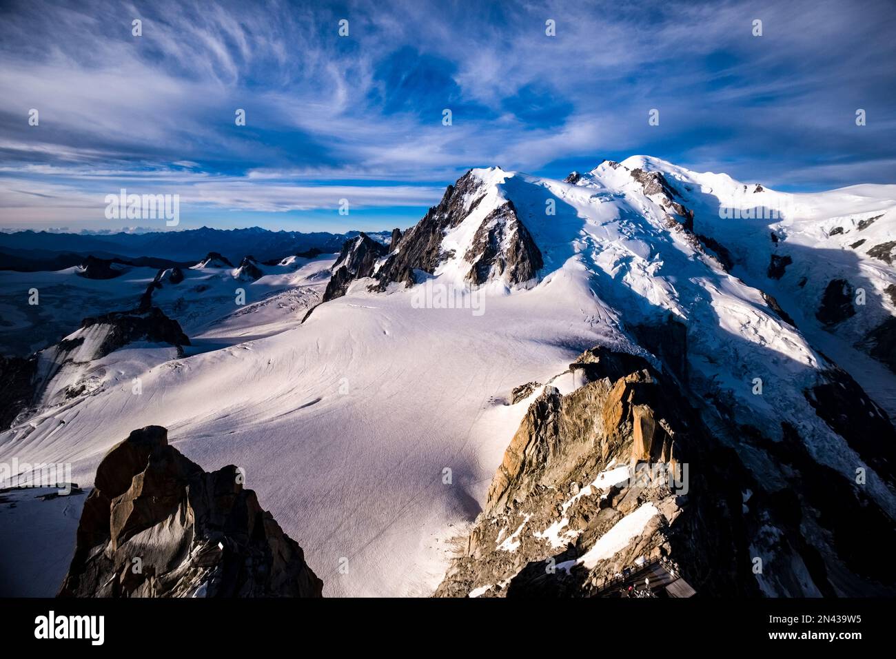 View from Aiguille du Midi of the Géant Glacier and the summits of Mont Blanc du Tacul, Mont ...