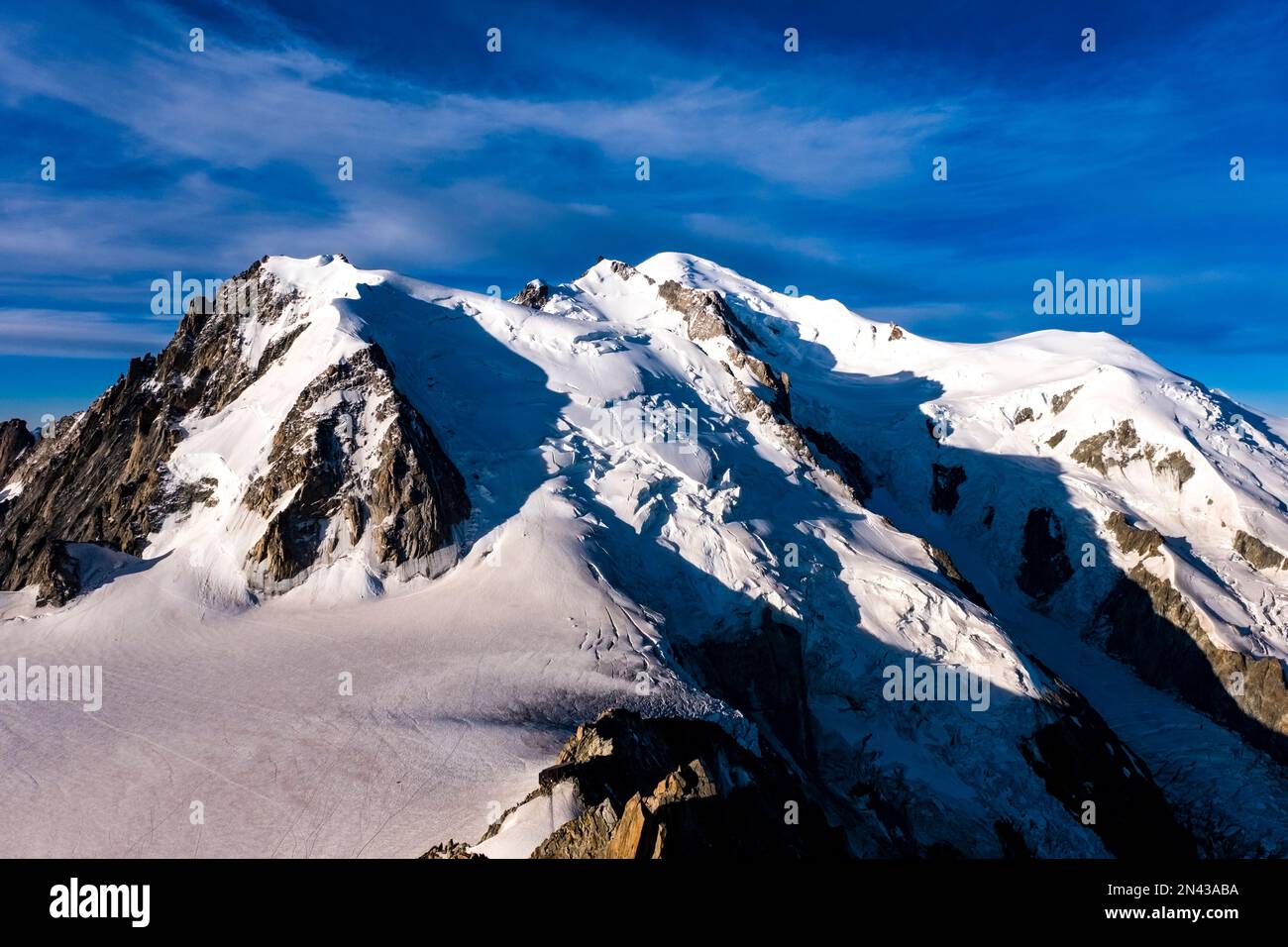 View from Aiguille du Midi of the Géant Glacier and the summits of Mont Blanc du Tacul, Mont ...