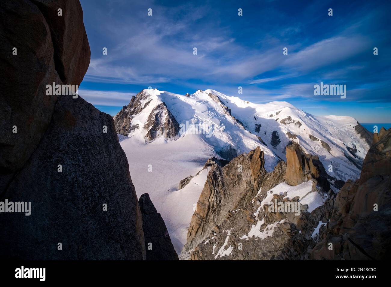 View from Aiguille du Midi of the Géant Glacier and the summits of Mont Blanc du Tacul, Mont ...