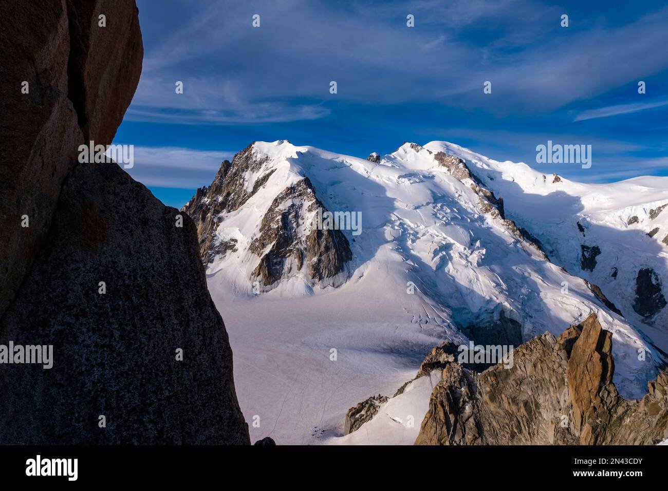 View from Aiguille du Midi of the Géant Glacier and the summits of Mont Blanc du Tacul, Mont ...