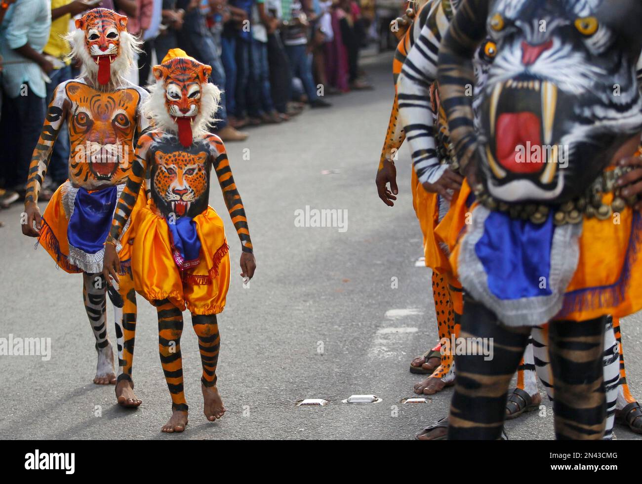 Children, their bodies painted in the likeness of tigers, walk to join ...