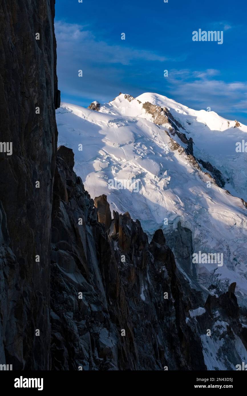 View from Aiguille du Midi of the glacier of Mont Blanc du Tacul and the summits of Mont Maudit ...