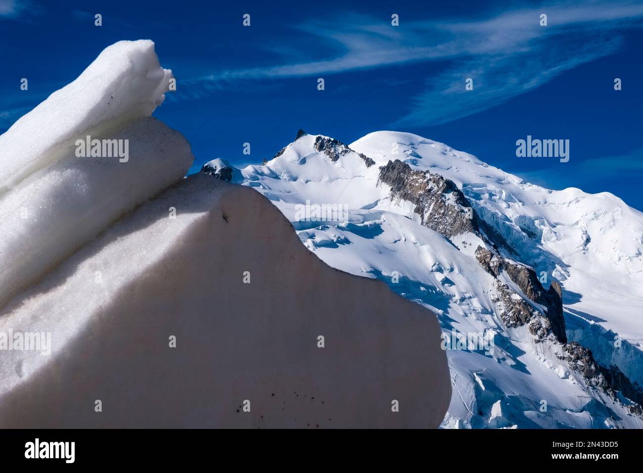 View from Aiguille du Midi of the glacier of Mont Blanc du Tacul and the summits of Mont Maudit ...