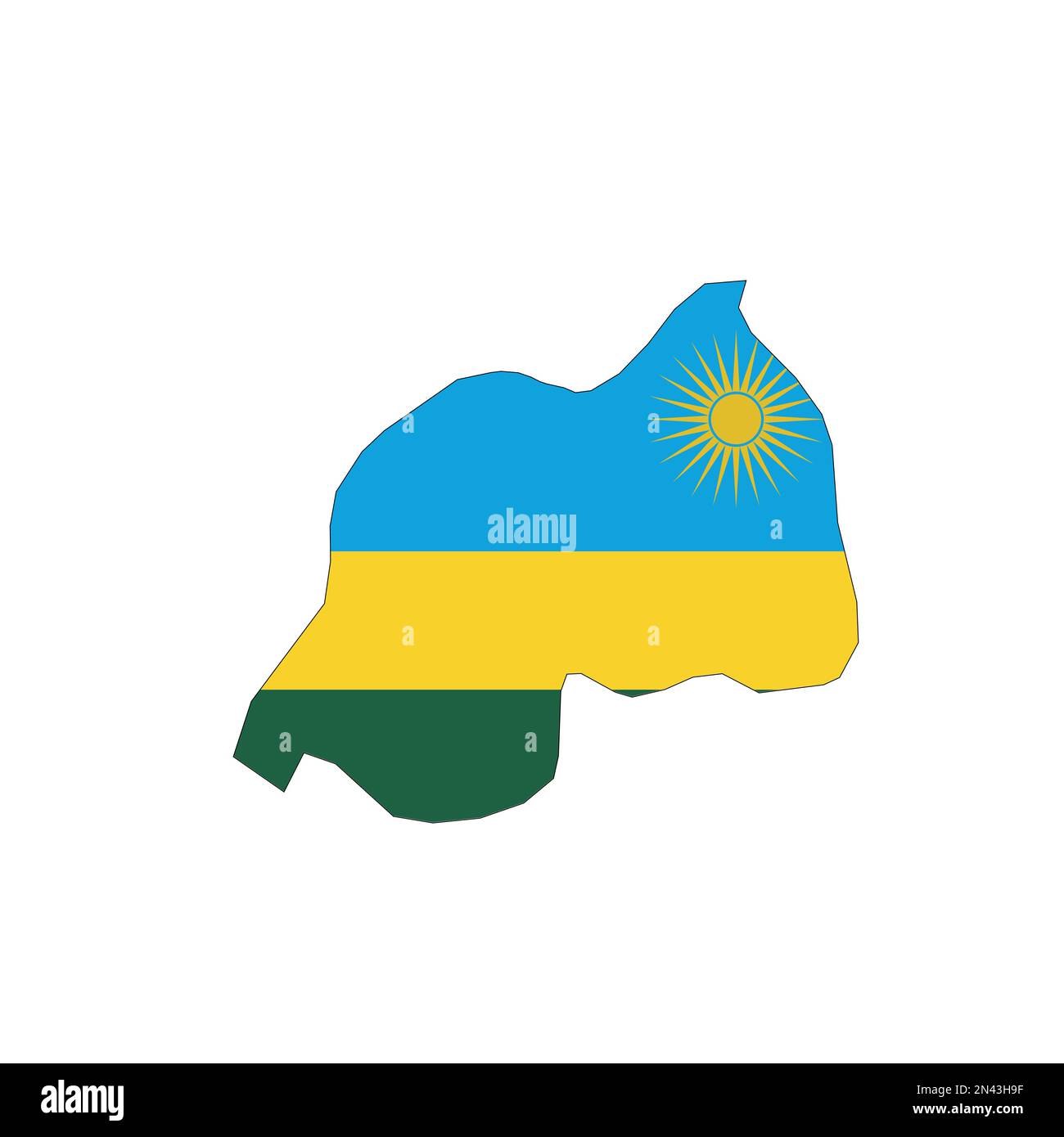 Rwanda - national flag in a shape of country map silhouette with thin black outline. Simple flat ...