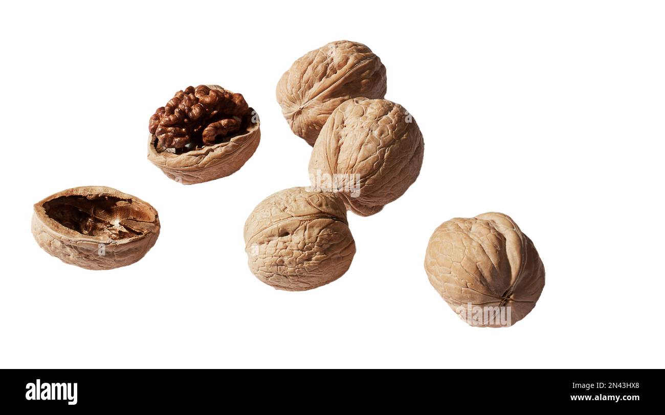 A bunch of walnuts one of them is split isolate on a white background ...