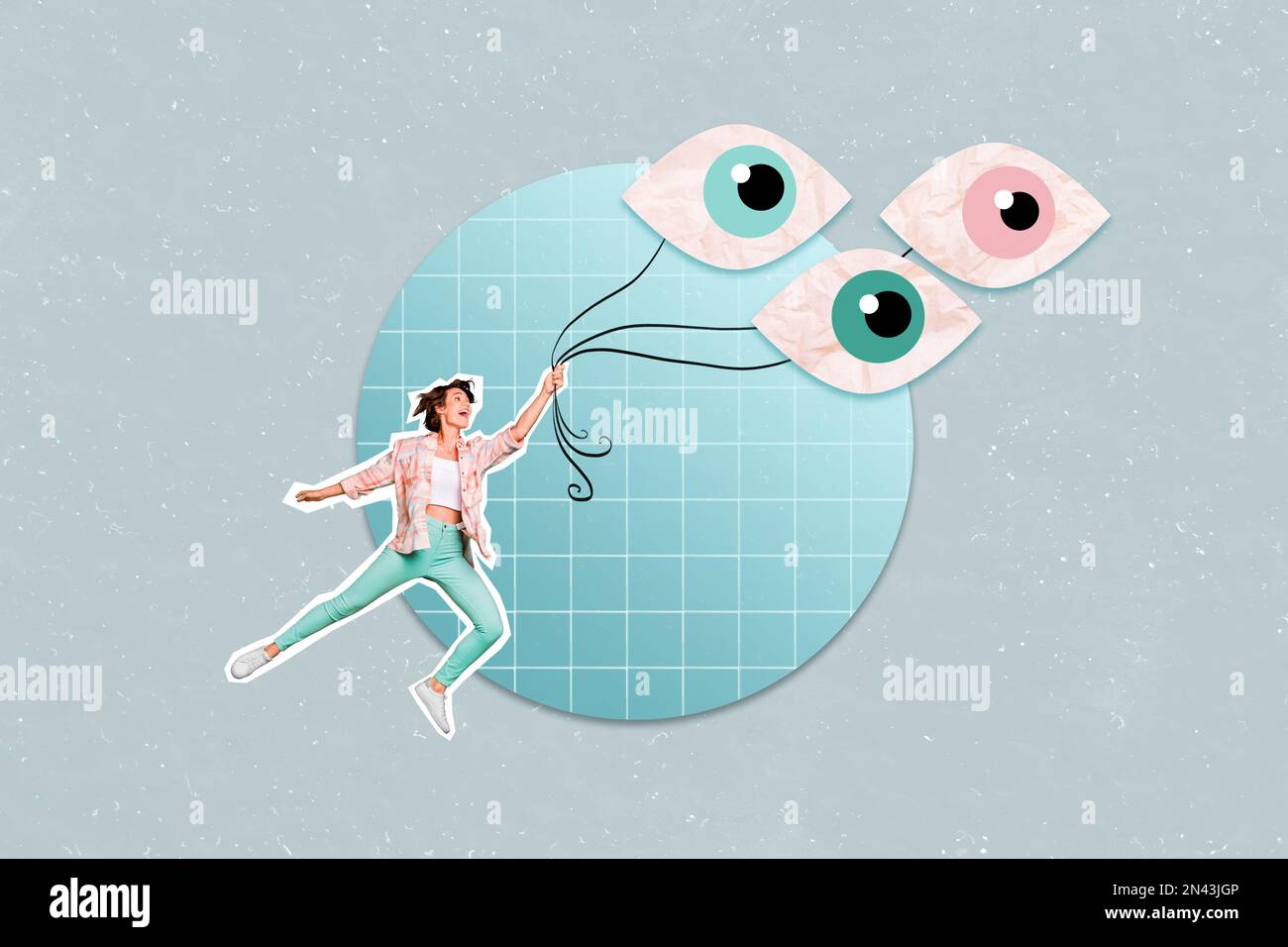 Composite artwork photo collage of young careless lady fly around world ...