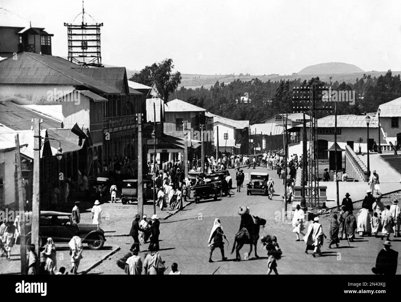 A street scene in Addis Ababa in 1935. The large building on the left ...