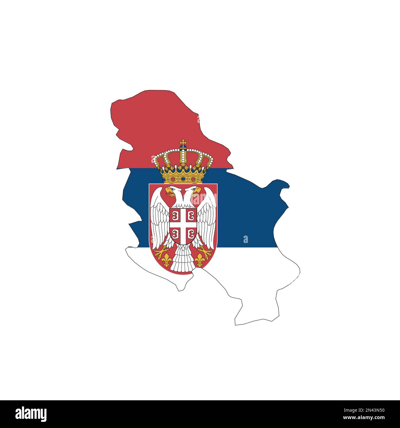 Serbia - national flag in a shape of country map silhouette with thin black outline. Simple flat ...